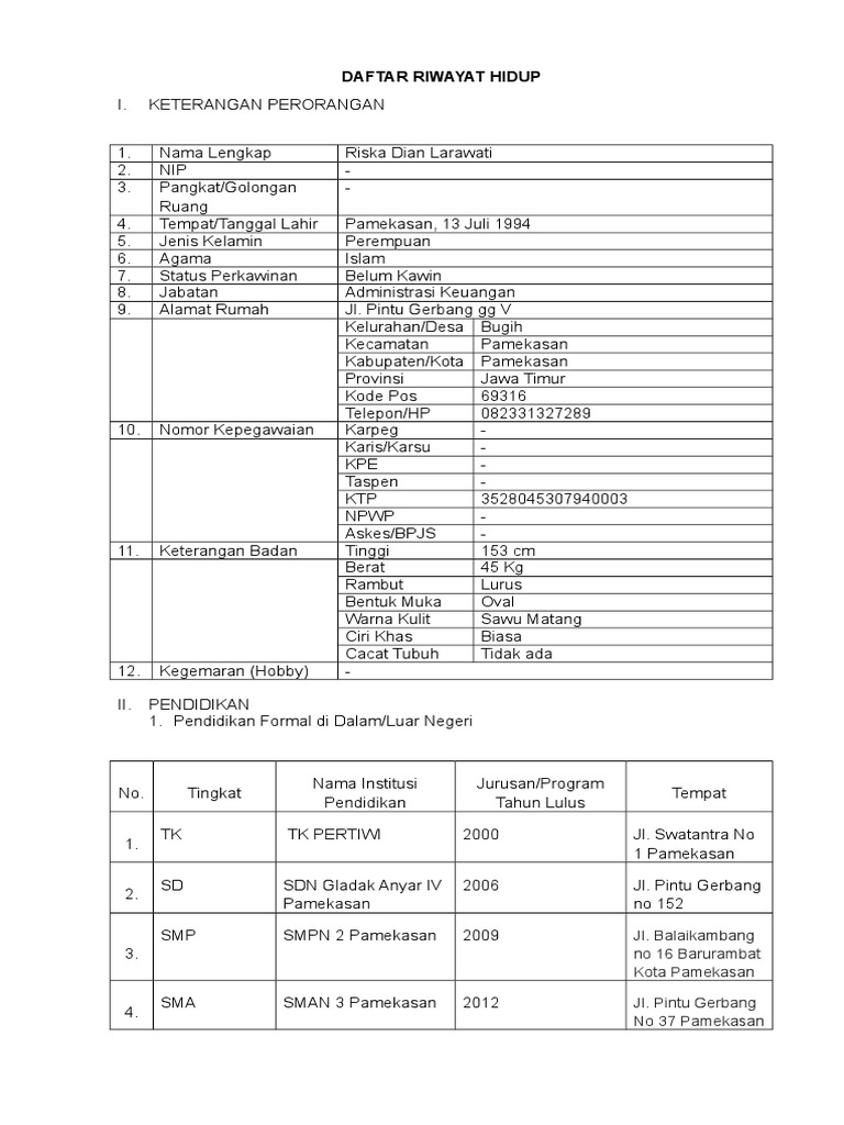 DAFTAR RIWAYAT HIDUP - Riska Dian L | PDF