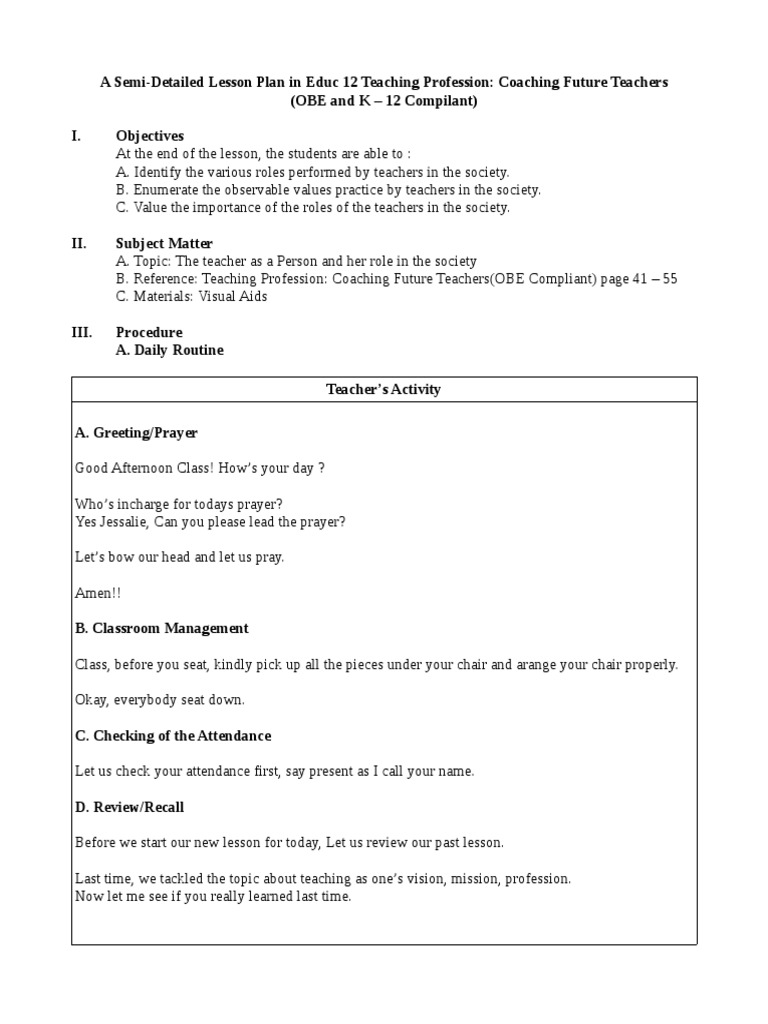Lesson PLan in Teaching Profession | PDF | Teachers | Value (Ethics)