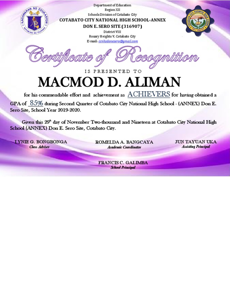(Achievers) Honors Convocation Certificate | PDF