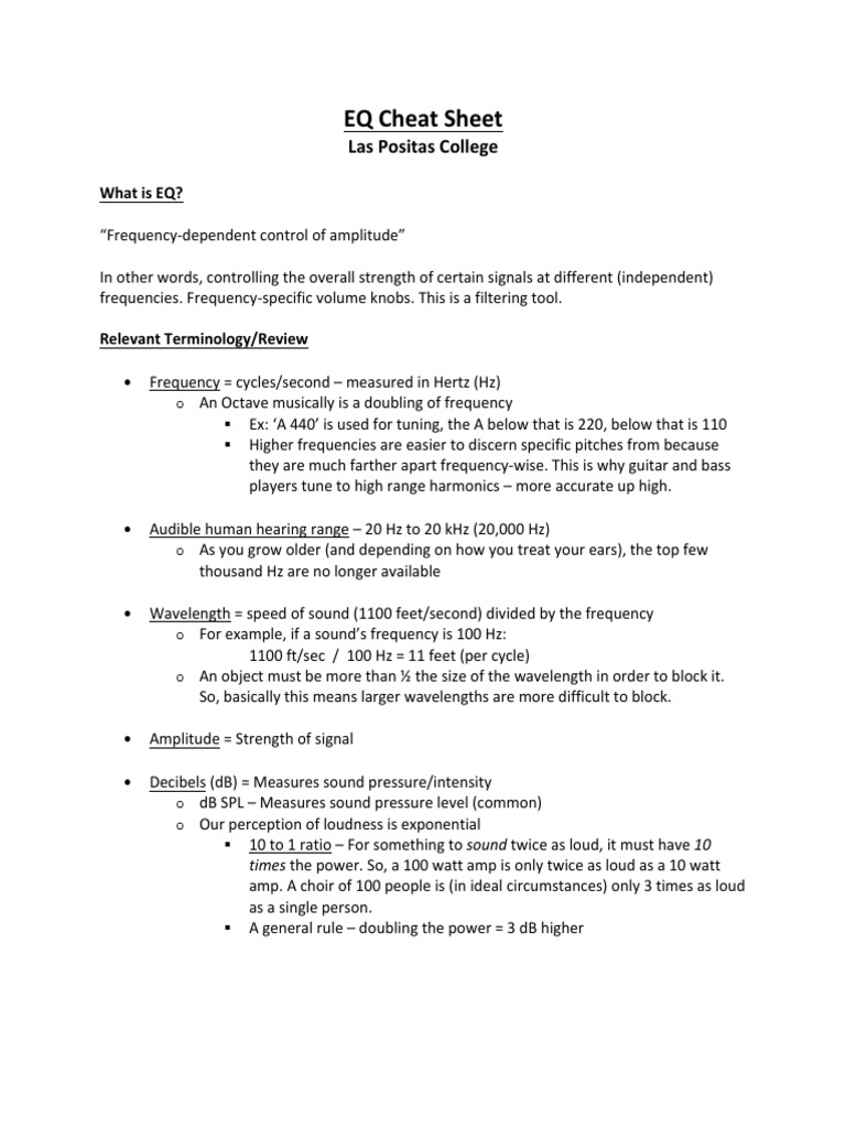 EQ Cheat Sheet | PDF | Equalization (Audio) | Sound Production