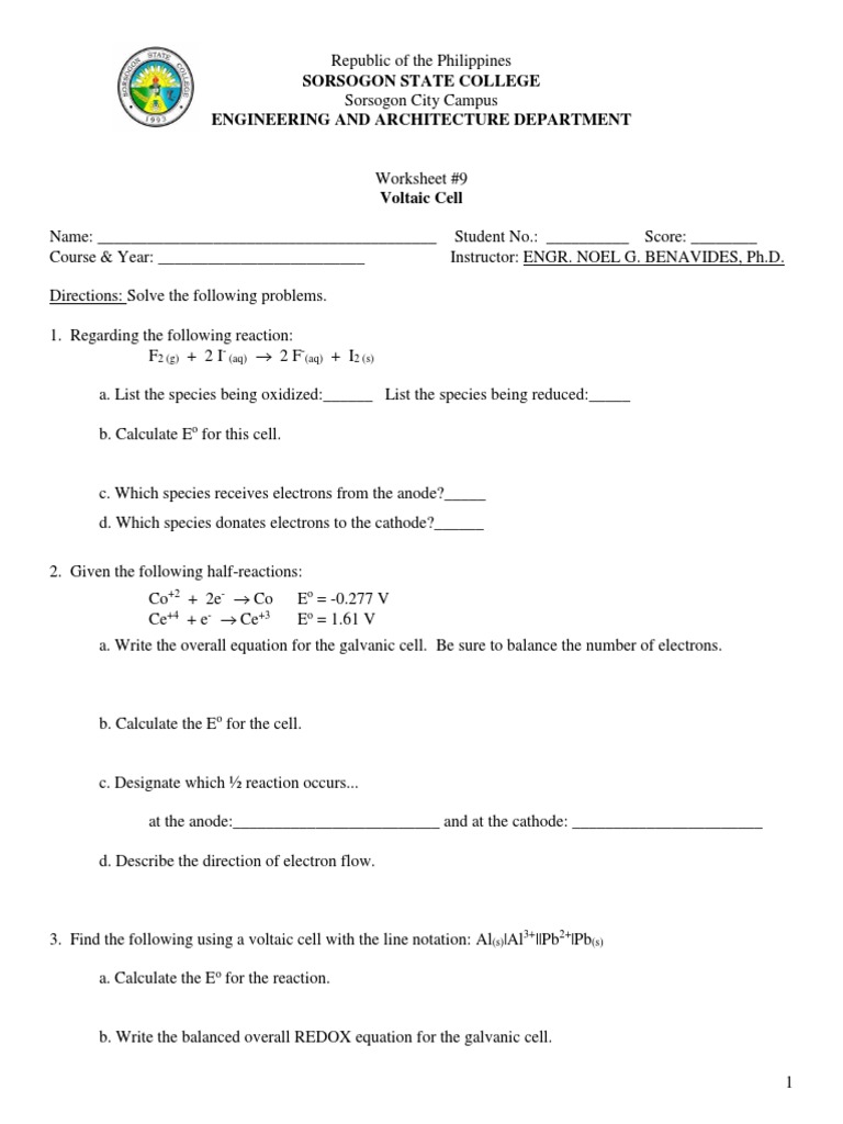 Worksheet on Voltaic Cells: Calculating Standard Potentials and Writing ...