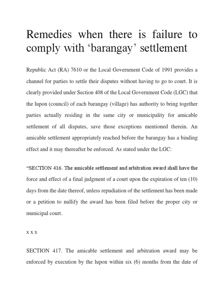 Enforcing Barangay Settlement Remedies | PDF | Arbitration | Legal Concepts