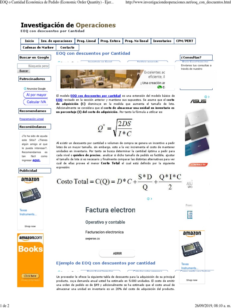EOQ o Cantidad Económica de Pedido (Economic Order Quantity) - Ejercicios Resueltos EOQ | PDF ...