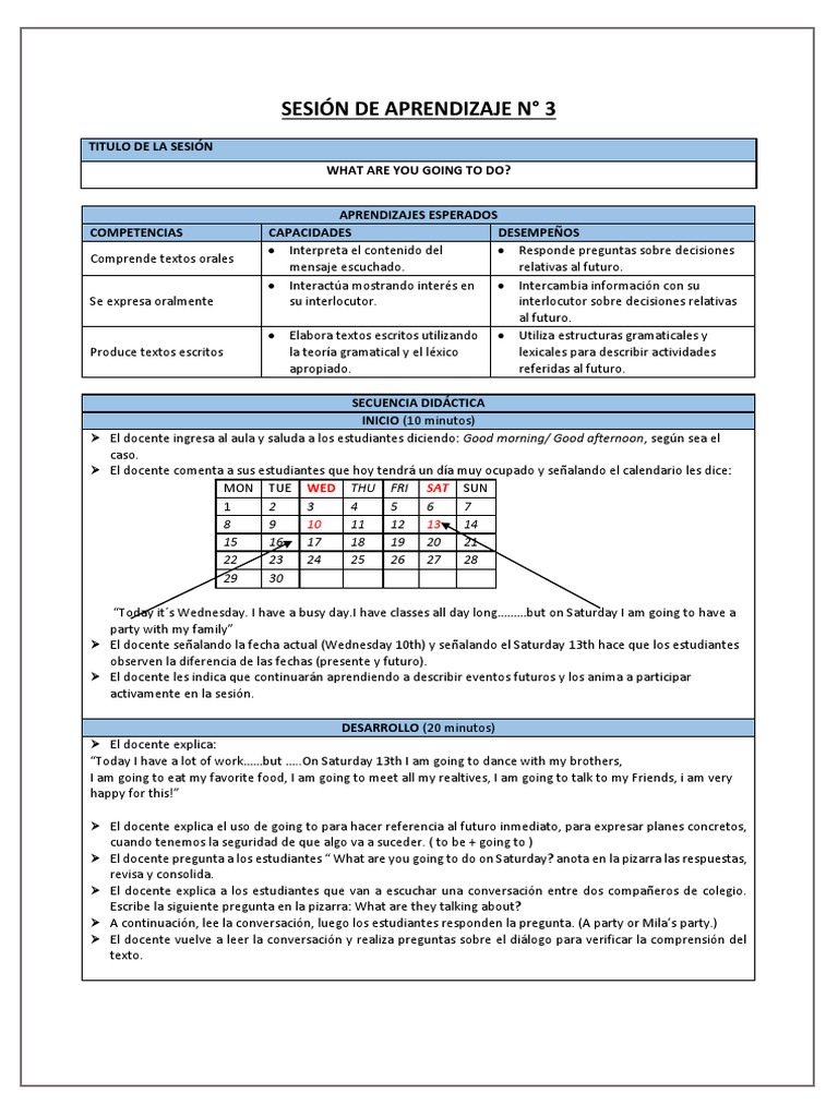 SESIÓN DE APRENDIZAJE N°3 Ingles | PDF