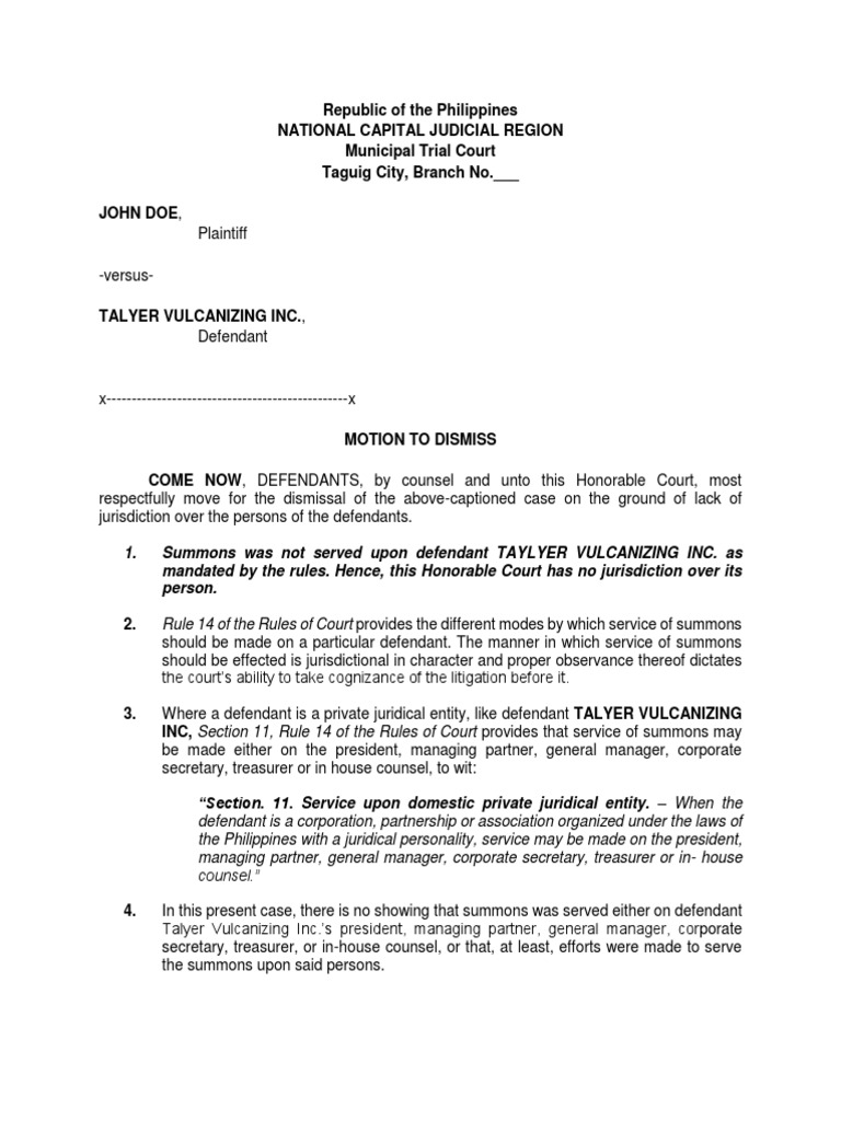 Motion to Dismiss for Lack of Jurisdiction | PDF | Summons | Lawsuit