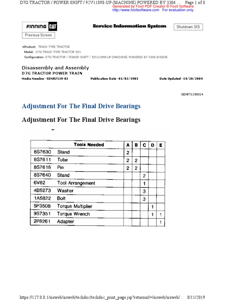 CAT D7G-SAdjustment For The Final Drive Bearings | PDF | Nut (Hardware ...