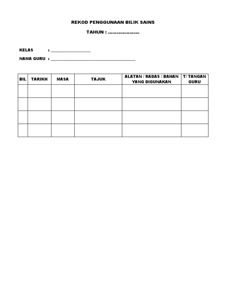Rekod Penggunaan Bilik Sains | PDF