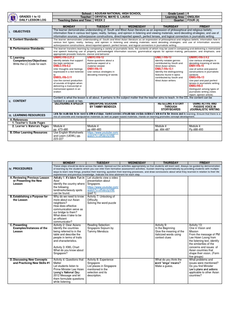 DLL Eng8 4thQ Week 2 1 | PDF | Learning | Legends