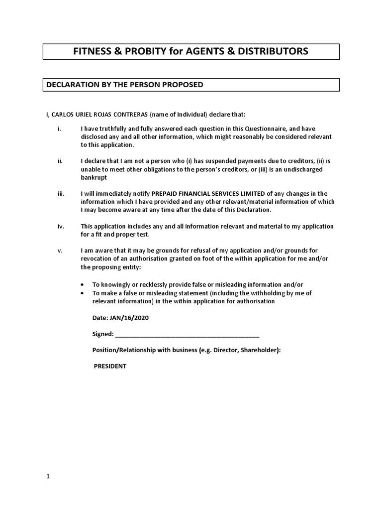 Fitness & Probity Questionnaire | PDF | Bankruptcy | Business Law