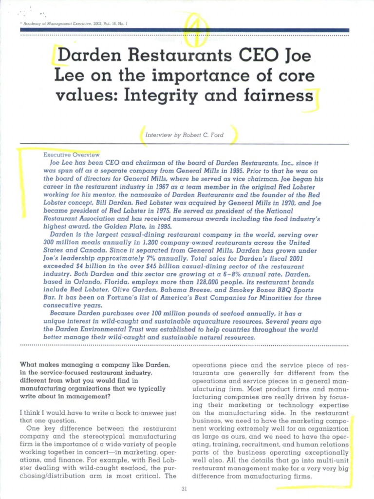 Lee On The Importance of Core Values | PDF | Restaurants | Gastronomy