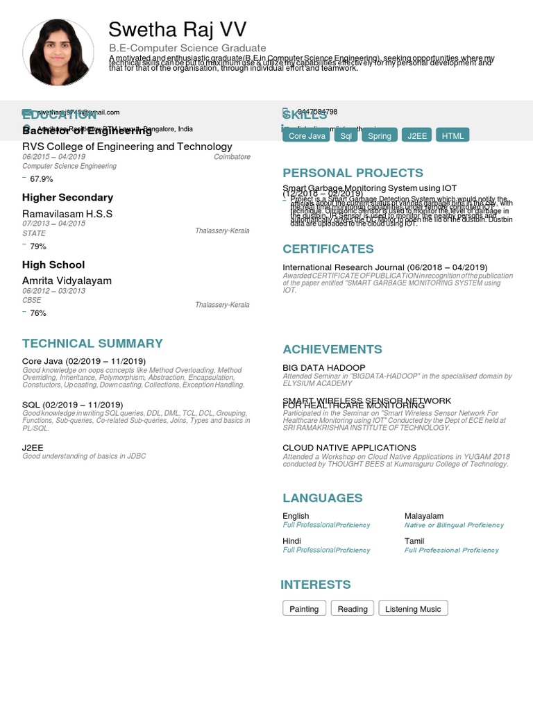 Swetha Resume Pdf Internet Of Things Sql 