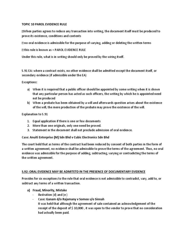 Topic 10 Parol Evidence Rule | PDF | Parol Evidence Rule | Lease