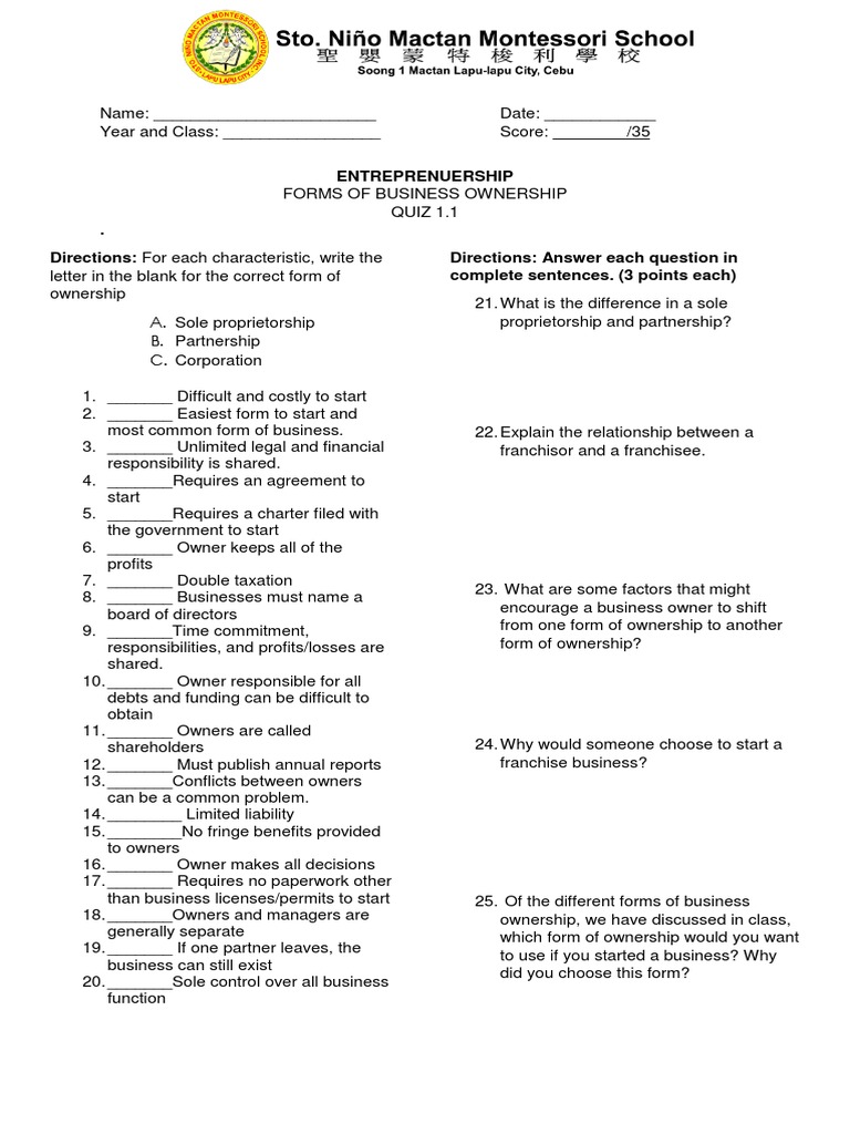 Forms of Business Organization Quiz | PDF | Ownership | Franchising