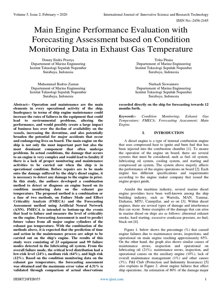 Main Engine Performance Evaluation With Forecasting Assessment Based On ...