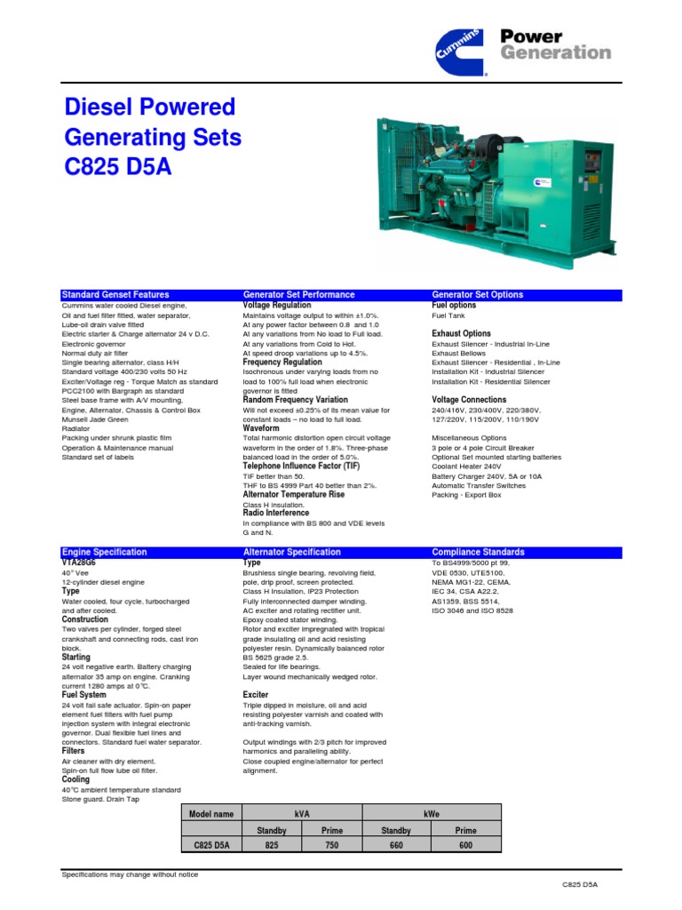 Diesel Powered Generating Sets C825 D5A | PDF | Engines | Rotating Machines