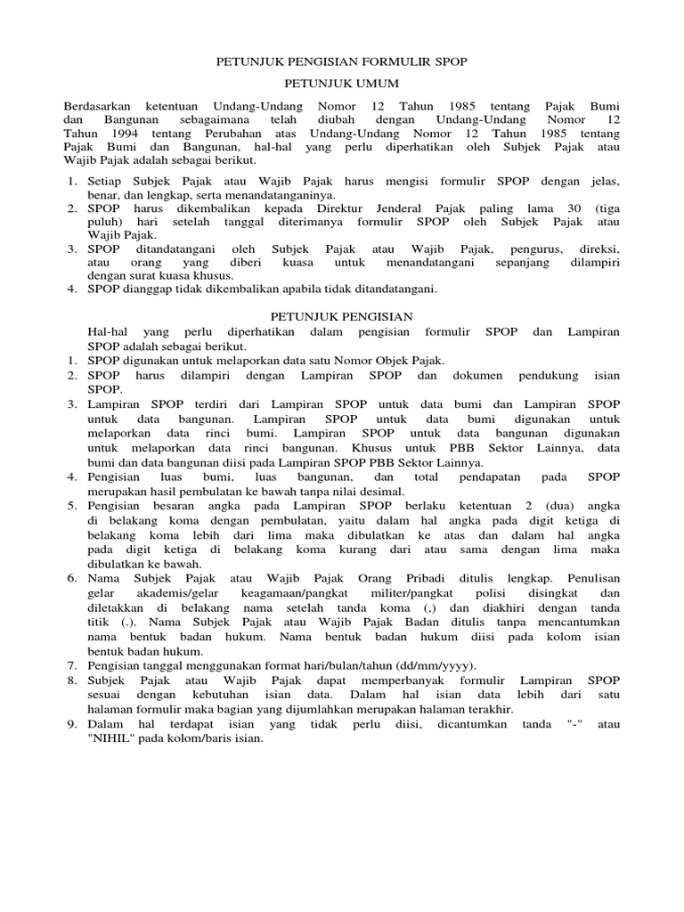 Petunjuk Pengisian Formulir Spop | PDF