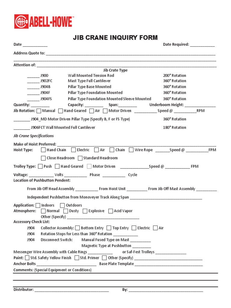 2015 Abell-Howe Jib Inquiry Form | PDF | Elevator | Crane (Machine)