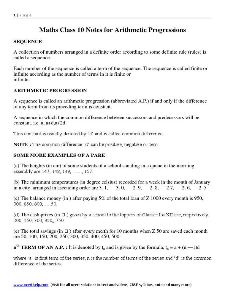 Maths Notes For Class 10 Chapter 5 Arithmetic Progressions | PDF ...