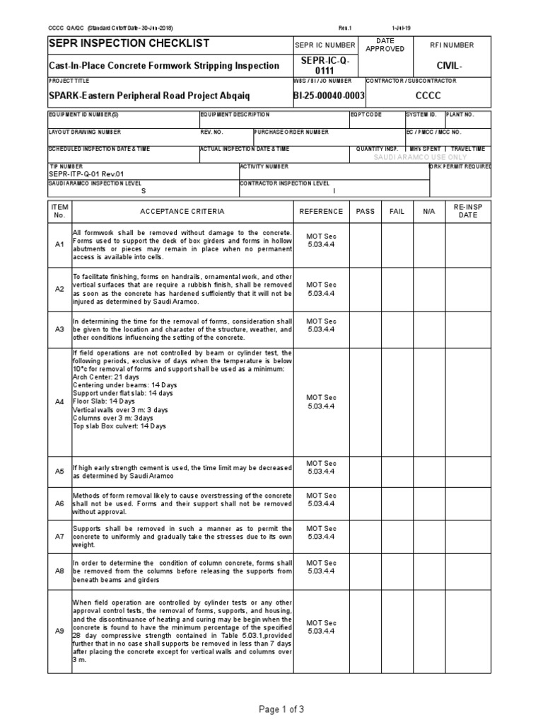 SEPR-IC-Q-111 Rev.1 Formwork Stripping | PDF | Column | Concrete