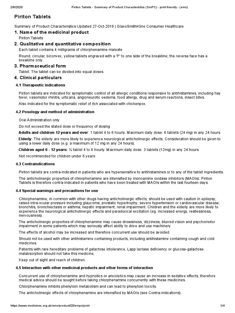 Piriton Tablets - Summary of Product Characteristics (SMPC) - Print ...