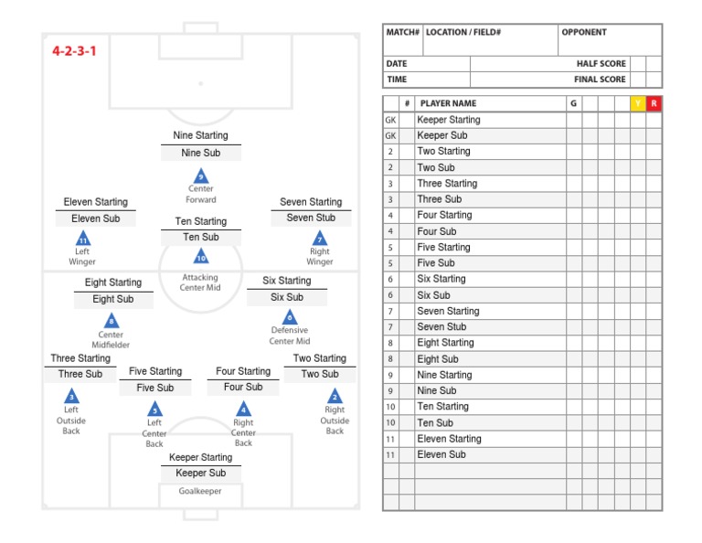 High School Soccer Lineup Sheet 11v11 4231 Players Subs Fillable | PDF ...