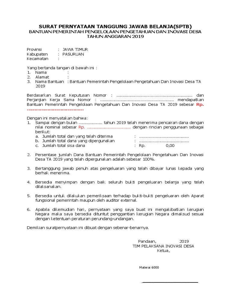 Surat Pernyataan Tanggung Jawab Belanja (SPTB) 2 | PDF