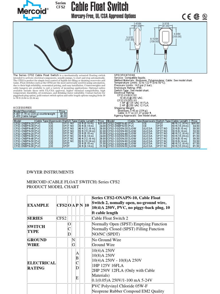 Cable Float Switch Type CFS2.d | PDF | Switch | Pump