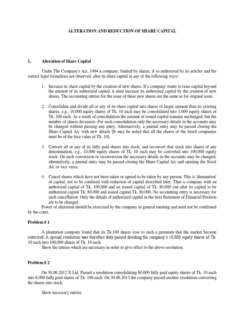 Alteration & Reduction of Share Capital | Debits And Credits | Equity ...