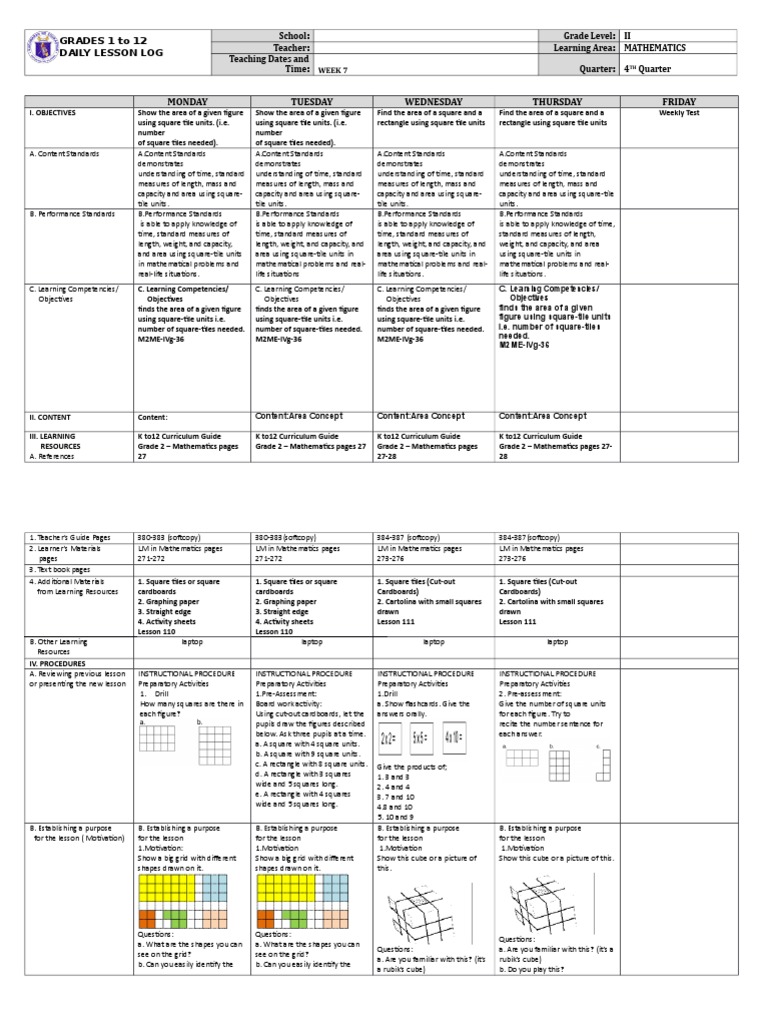 Grade 2 Math: Area with Square Tiles | PDF | Area | Curriculum