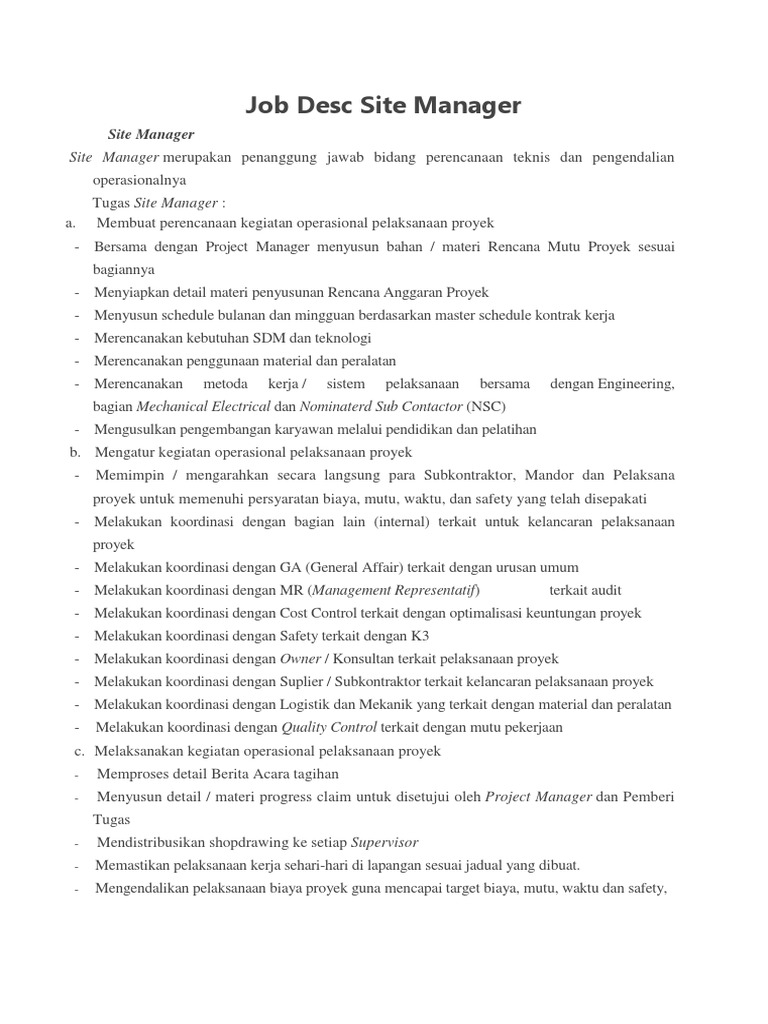 Job Desc Site Manager | PDF