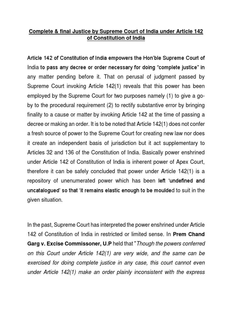 Complete Justice by Supreme Court of India Under Article 142 of Constitution of India | PDF ...
