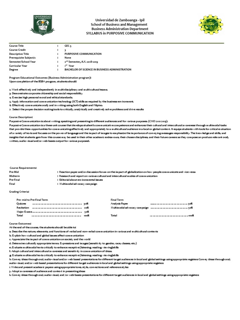Purposive Communication Course Syllabus | PDF | Homework | Communication