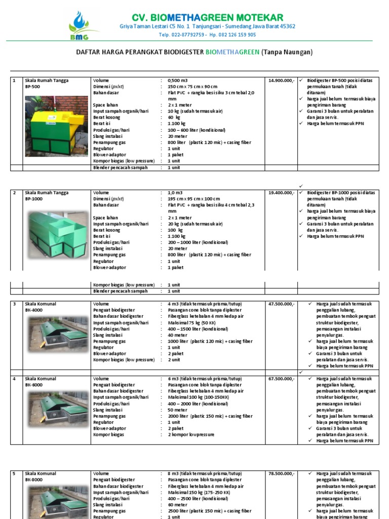 Daftar Harga Biodigester Biomethagreen 2019 | PDF