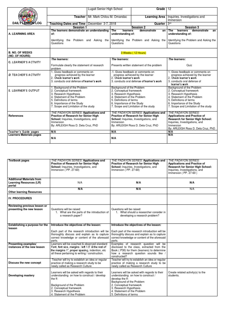 Grade 12 Inquiries and Immersion DLL | PDF | Question | Hypothesis