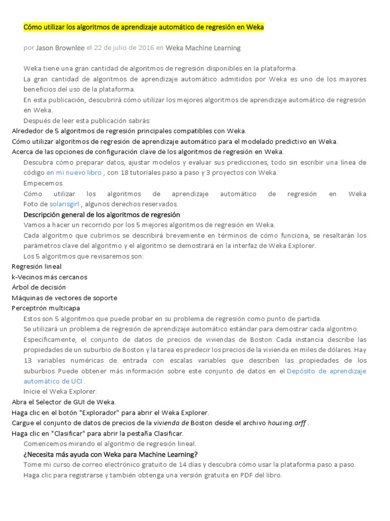 Algoritmos de Regresión en Weka: Guía Práctica | PDF | Red neuronal artificial | Aprendizaje ...