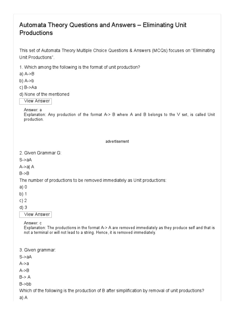 Eliminating Unit Productions - Automata Theory Questions and Answers - Sanfoundry PDF | PDF ...