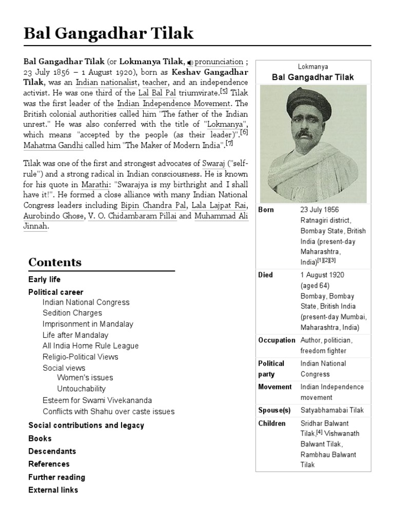 Bal Gangadhar Tilak - Wikipedia | PDF | Sikhism | Religion And Belief