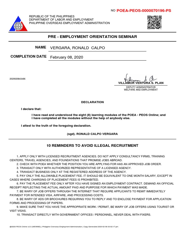 PEOS Cert | PDF | Fee | Travel Visa