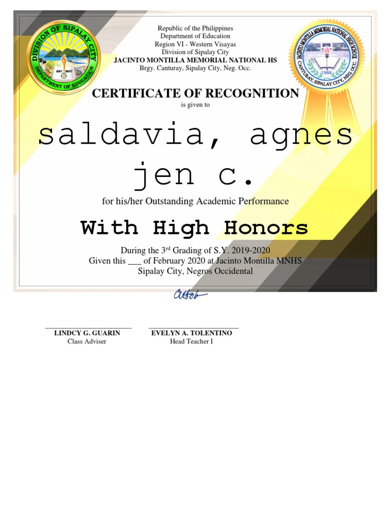 Certificate (Recognition) (3RD Quarter) | PDF | Public Sphere ...