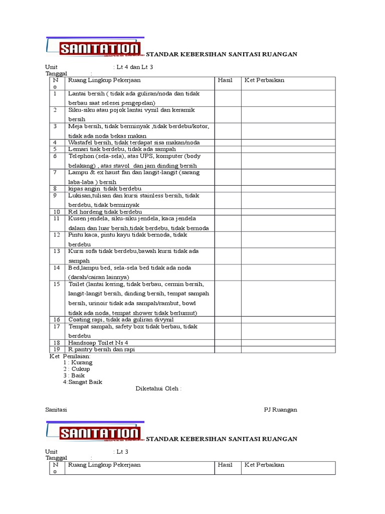 Standar Kebersihan Sanitasi Ruangan | PDF