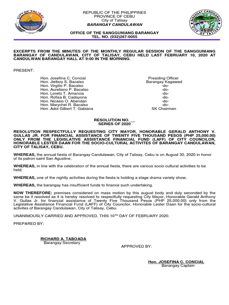 BARANGAY CANDULAWAN Resolution No. 2020-01 s2020 Socio Cultural | PDF ...