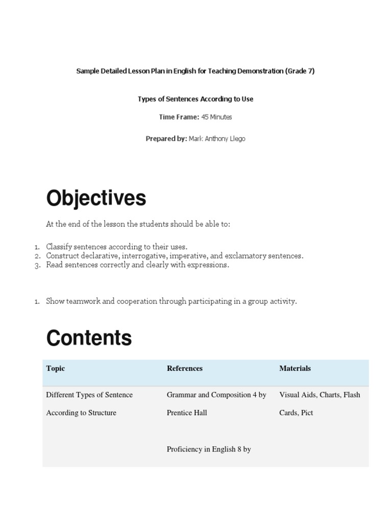 Sample - Detailed - LP - Types Fo Sentences | PDF | Question | Lesson Plan