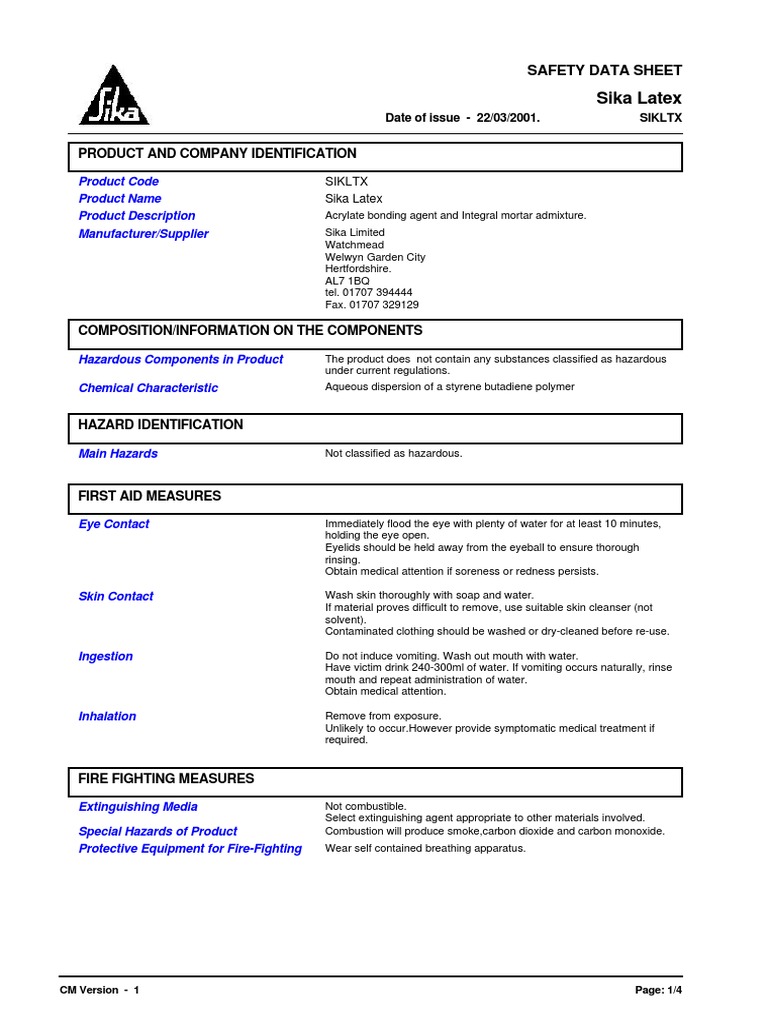 Msds Ie-Msds-Sika - Latex | PDF | Safety | Materials