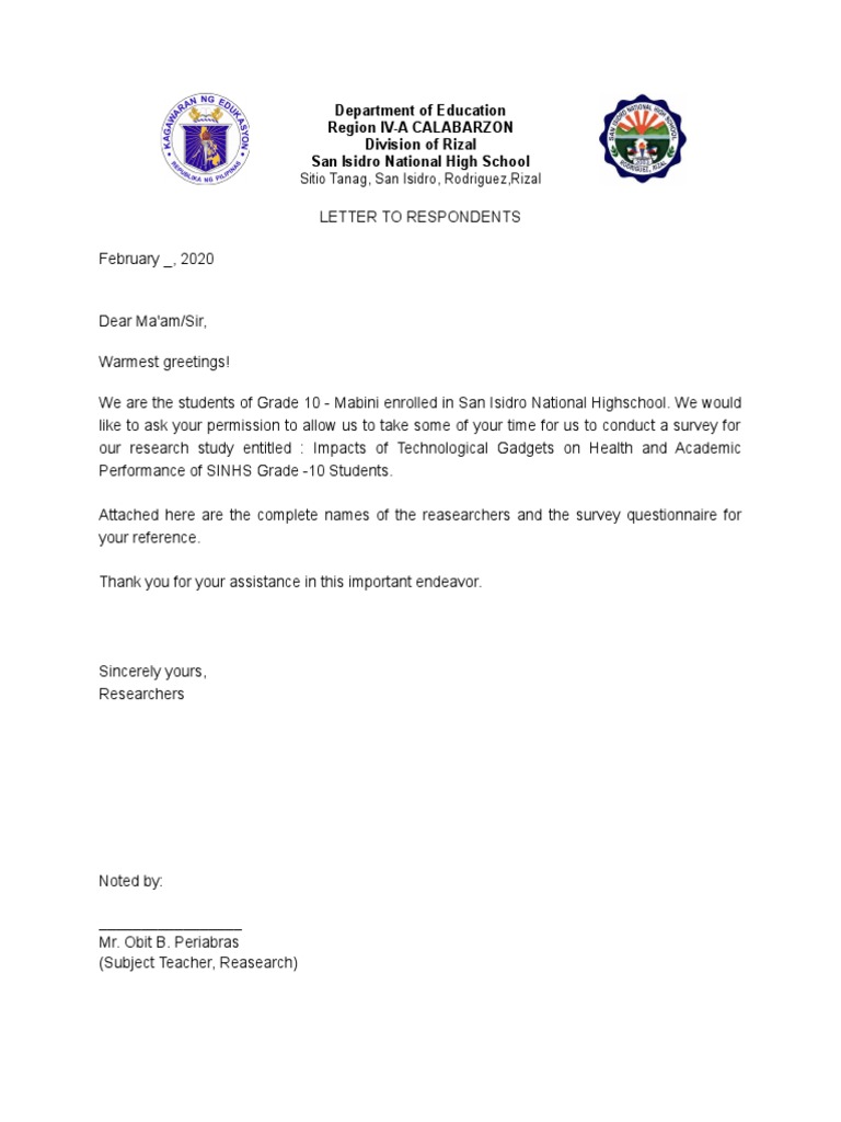 Letter To Respondents | PDF