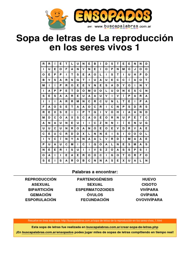 Sopa de Letras de La Reproducción en Los Seres Vivos - 1 | PDF ...