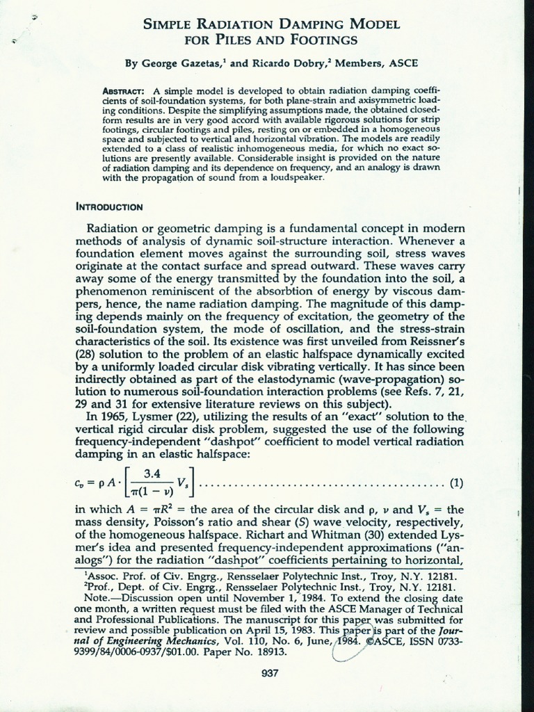 Simple Radiation Damping Model For Piles and Footings PDF | PDF