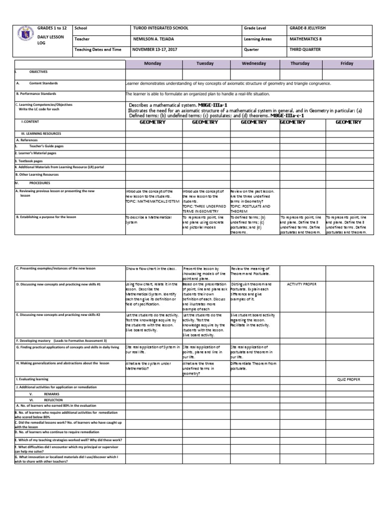 Grade 8 Geometry Lesson Plan | PDF | Axiom | Geometry