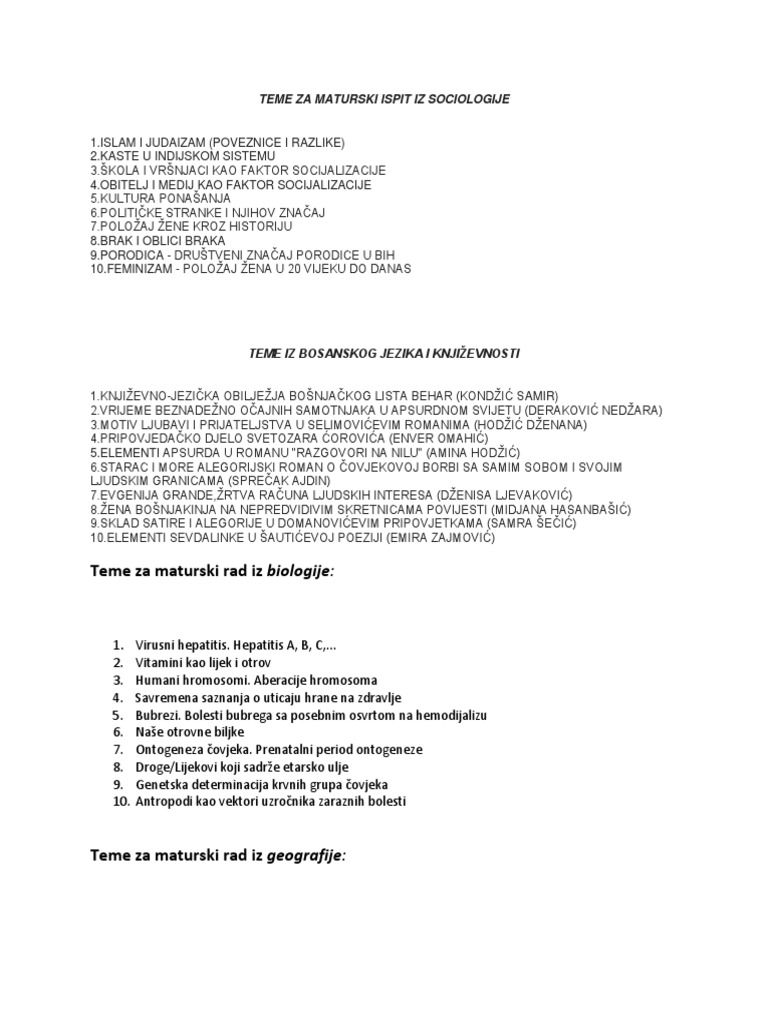 Teme Za Maturski Rad | PDF