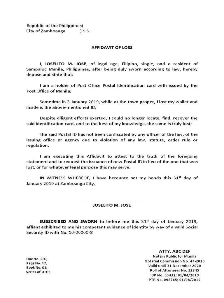 Affidavit of Loss - Sample | PDF
