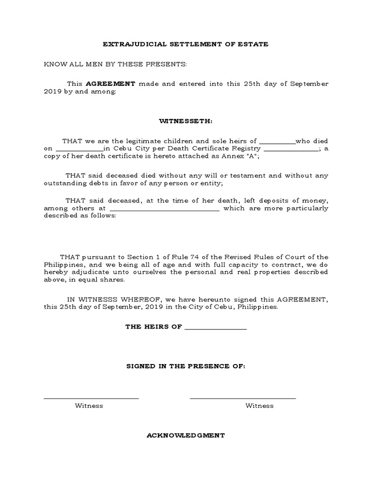 EXTRAJUDICIAL SETTLEMENT Sample | PDF